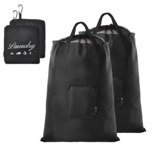 travel laundry bags, 2pcs jhx foldable dirty clothes bag 【upgraded】 with fixed drawstring net, handles and carabiner, portable laundry bags for travel and fitness (dark-black) 30"h x 21"w