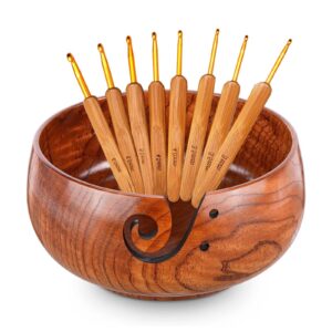 wooden yarn bowl with 8pcs metal crochet hooks, knitting yarn bowl with holes storage handmade to prevent slipping, perfect yarn holder bowl for crocheting and knitting mother's day gift 6" x 3"