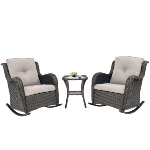 belord patio rocking chairs bistro set - wicker outdoor rocking chairs set of 2 with side table, all weather rattan rocker seating patio furniture set for porch balcony garden brown