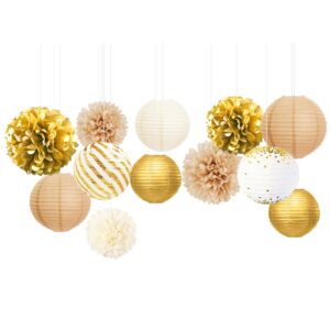 nicrohome gold and white party decorations, 12 pcs white gold champagne tissue paper pom poms and lanterns for birthday graduation baby shower bridal prom festival decorations and party decor