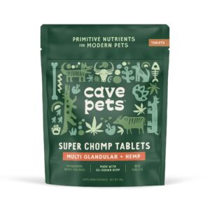 cave pets, super chomp tablets, dog probiotic supplement for digestive health and natural relaxation, multi-glandular & hemp, 60 tablets