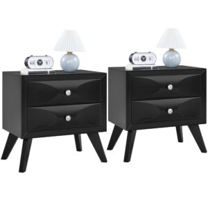 yaheetech nightstands set of 2, almost fully-assembled nightstands with 2 drawers and solid wood legs, large bedside tables with storage, modern side tables for bedroom, 24.5″l×15″w×23.5″h, black