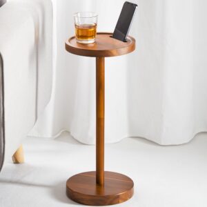 bluewest pedestal side table, acacia weighted base drink table, small round side table for small spaces with phone holder, martini and cocktail pedestal end table, mini pedestal table