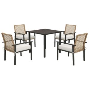 outsunny 5 pieces outdoor dining set for 4, wicker rattan patio furniture set, patio table and chairs set with cushions, square metal table top, conversation set for garden, backyard, deck, beige