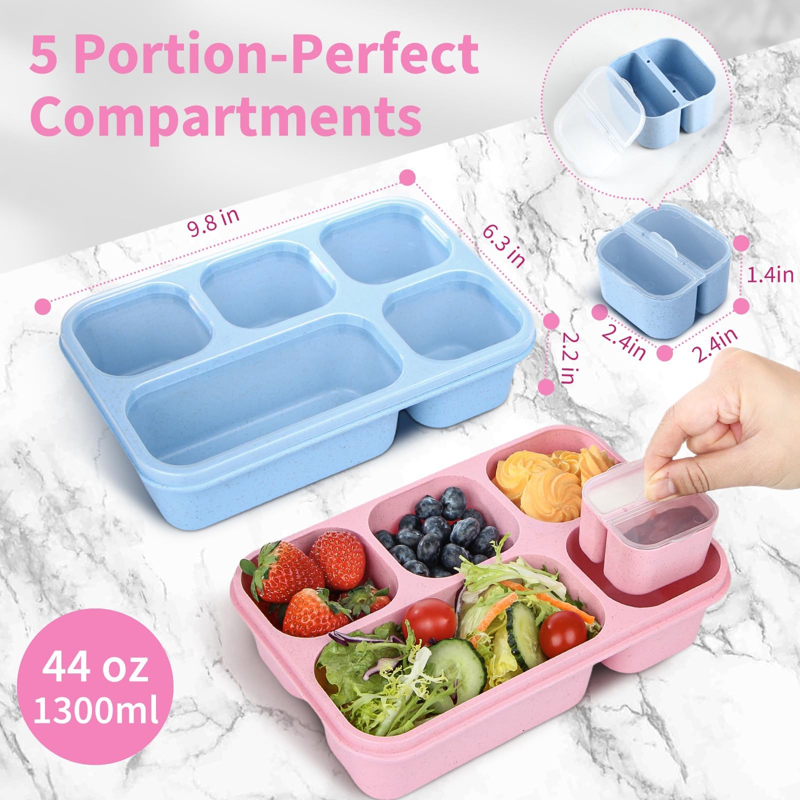 Lunbxx Snack Box Containers for Adults，4 Pack Bento Lunch Box for Adult & Kids, 5 Compartment Adult Lunchable Containers with Utensils, Sauce Jar, 44 Oz/1300ML Large Size (Wheat)