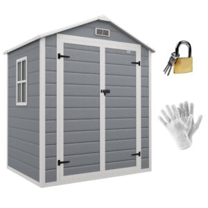 outsunny outdoor storage shed, 6' x 4.5' garden shed with double lockable doors, vent and window, plastic utility tool shed for backyard, patio, garage, lawn, gray