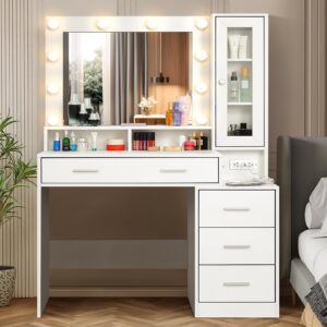 elifine makeup vanity desk with mirror and lights, modern dressing table makeup vanity makeup table with drawer & 3 lighting modes for women girls (white with charging station)