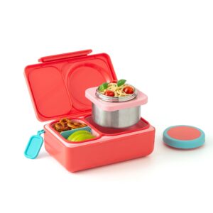 omie omiebox up bento box for kids | insulated lunch box | leak proof thermos food jar | cooler ice pack | 2 compartments (cherry pink)