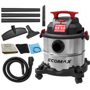 ecomax wet dry vac 5 gallon, 4 peak hp, portable stainless steel shop vacuum wet/dry with powerful suction-85 cfm, 3-in-1 wet/dry/blow, shop vacuum for home, workshop, jobsite, em18115