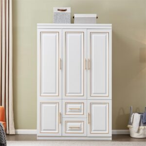 VivaVista White Armoire Wardrobe Closet with 3 Doors Wooden Bedroom Armoires Clothes, Wood Wardrobe Closets Storage Cabinet with Hanging Rod Shelves Drawers Closets