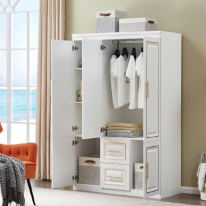 VivaVista White Armoire Wardrobe Closet with 3 Doors Wooden Bedroom Armoires Clothes, Wood Wardrobe Closets Storage Cabinet with Hanging Rod Shelves Drawers Closets