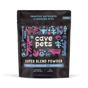 cave pets, super blend powder, dog probiotic for digestive health and microbiome support, multi-glandular & turmeric, 30 servings