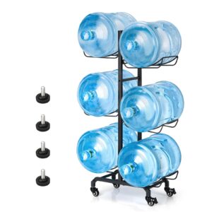 5 gallon water jug holder 3 tier water bottle holder organizer with wheels foldable heavy duty water bottle storage rack for home office, garage, black