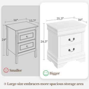 Yaheetech Fully-Assembled Nightstands Set of 2, 2-Drawer Nightstands Large Classic Bedside Tables with Storage, Wooden Painted Storage Cabinet for Bedroom, 21.5″L×16″W×24.5″H, White