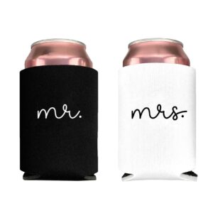 pink palm co. wedding set of 2 can coolers | can holders for bride and groom | beverage insulators for newlyweds | wedding toast | engagement party | honeymoon (mr. & mrs.)