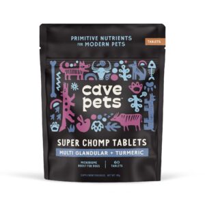 cave pets, super chomp tablets, dog probiotic supplement for digestive health and microbiome support, multi-glandular & turmeric, 60 tablets