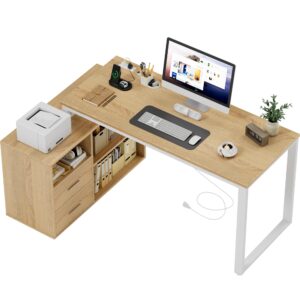 homall l shaped desk with drawers&shelves, 55'' corner computer desk with power outlets, reversible pc table with storage file cabinet for home office studying writing gaming workstation (light oak)