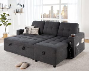 vanacc sleeper sofa, pull out couch bed with usb charging port & cup holders, l-shaped sectional couch with storage chaise, comfy couch for living room (dark grey)