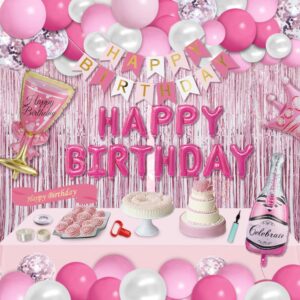 party spot! 103 pcs pink birthday decorations, pink decorations for party, balloon arch, tablecloth, banner, fringe curtain, birthday decoration for women, pink party decorations