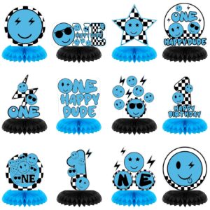 memorywuu 12 pcs one happy dude honeycomb centerpiece blue one happy dude 1st birthday party decoration birthday centerpiece table decorations smile face table topper for baby shower birthday party