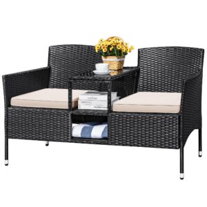 devoko outdoor patio loveseat modern rattan 2-seat patio conversation set with cushions & built-in coffee table porch furniture for garden lawn backyard (beige)