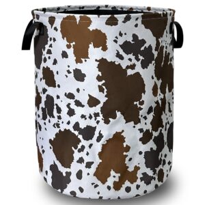 cows skin brown print laundry basket foldable with handles tote bag oxford cloth animal funny laundry hamper clothes storage bucket toy organizer 18.9" x16.5" for bathroom/laundry/bedroom