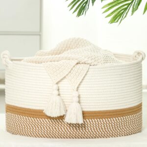 norheirui blanket basket 20”x13”x11”,large woven basket for storage,cotton rope basket for blankets in living room,blanket storage,kids toy basket, rope baskets with handles, large basket,white/brown