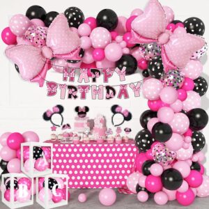 pink mouse birthday party supplies - pink mouse balloon garland arch kit for cartoon mouse theme birthday party decorations for girl, pink bow foil balloons and banners for baby shower party supplies