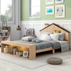 ktatk full size house platform bed with led lights and storage,wood kids bed frame w/house-shaped headboard & slats support,no box spring needed,wood-color