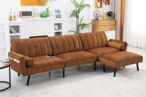 duraspace velvet sectional convertible sofa with chaise, 106.5" l shape sectional sofa couch with usb, split back folding futon couch for living room (caramel brown)