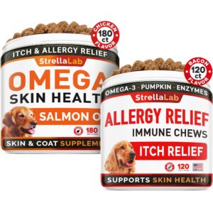 omega 3 + allergy relief dogs bundle - allergy & itch + skin & coat supplement - omega 3 & pumpkin - itchy skin +itching & licking treats - 300 chews - chicken + bacon flavor - made in usa