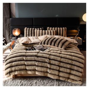 qukan bed, faux rabbit fur velvet fleece luxury bedding set fuzzy brown stripe plush shaggy warm duvet cover set bed sheet pillowcases 4pcs, mm-102