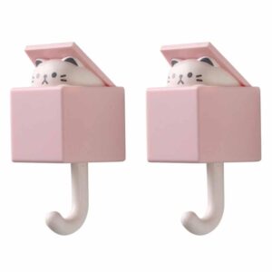 seiwei 2pcs creative adhesive coat cat hook, cute cat key holder for wall, plastic home storage utility wall decorations hanger pet hooks for hanging hat key towel scarf bags, punch free - pink