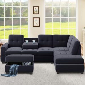 fanye l-shaped oversized corner reversible sectional sofa couch w/chaise & storage ottoman,modern 6 seaters velvet upholstery sofa&couch with cupholders for home office apartment living room