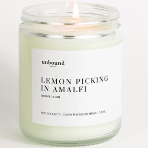 unbound candles lemon picking in amalfi scented candle | 7.5oz coconut soy candle | handmade in usa | 50 hour burn time | italy candle | lemon candle | travel based candle