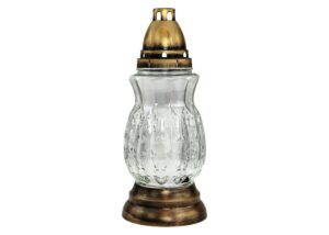 cemetery memorial candle - gravesite remembrance decoration - unique traditional decorative white glass candle with floral motif and gold decoartive top and base (h:10.83in x w:4.33in)