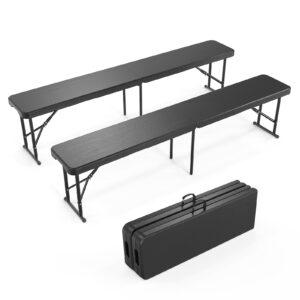 vingli 6 feet plastic folding bench,portable in/outdoor picnic party camping dining seat, garden soccer multipurpose entertaining activities, tree patterned hdpe tabletop, 2 pack, black