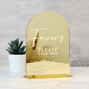 acrylic wedding favors sign with stand- 5"x7" gold mirror arch acrylic wedding sign and base,1/8" thick | modern calligraphy white letters arch acrylic sign for wedding reception & party