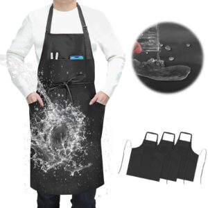 sheomern 3 pcs dual waterproof oilproof kitchen chef aprons with 4 pockets for men women, adjustable soft anti-tear cooking bib apron for baking grilling bbq painting cleaning (black)