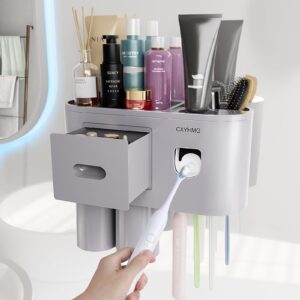 cxyhmg toothbrush holders for bathroom, with automatic toothpaste squeezer dispenser, is wall mounted bathroom accessories organizer, for kids & family shower decor. (grey 2 cups)