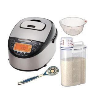 tiger jkt-d10u rice cooker bundle with bamboo spoon, rice washing bowl with side and bottom drainers, and rice container bin (4 items)