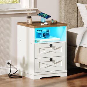 hoobro nightstand with wireless charging station and led lights, farmhouse end table with 2 drawers and open shelf, smart led side table with wireless and usb for bedroom, antique white wh140udbz01