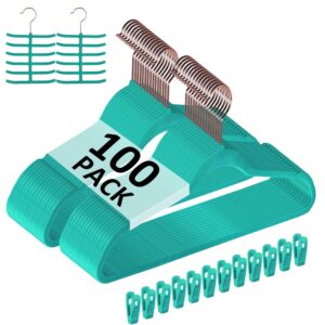 vecelo premium velvet clothes hangers suit heavy duty (100 pack)-non slip & space-saving with 12 finger clips & 2tie rack excellent for men and women,teal