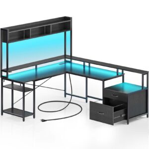 rolanstar computer desk with file drawers, 99.2" l shaped gaming desk with hutch, reversible desk with power outlet, led strip & monitor stand, 2 person home office desk, black