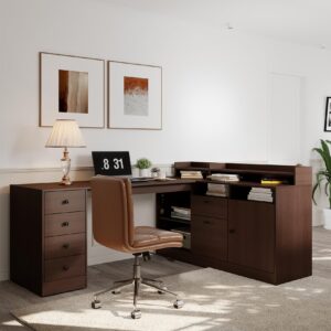 melidee l shape desk - executive desk with drawers and cabinet storage, charging station & usb ports - home office computer desk