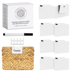 labels for storage bins | metal storage bin labels (2.5” x 3.5”) - set of 8 basket clip on labels for storage bins w/non-slip grip pads & dry erase marker - removable bin labels for storage bins