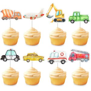 kreatwow transportation cupcake toppers 32 pcs watercolor fire engine ambulance taxi airplane construction trucks airplane police car cupcake picks transportation birthday party baby shower supplies