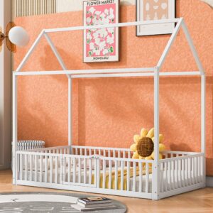 bellemave twin size montessori house bed for kids, metal floor beds with fence railings & door, twin playhouse bed for boys girls, box spring needed, white