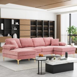 ouyessir u-shaped sectional sofa couch, 4 seat sofa set for living room, 110.6" l-shaped chenille sleeper couch set with double chaise lounge (pink)