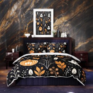 haunted halloween nights comforter cover set - king size black pumpkin lanterns, ghosts, and spider webs - spooky bedding set for kids, boys, girls - quilt cover with 2 pillowcases